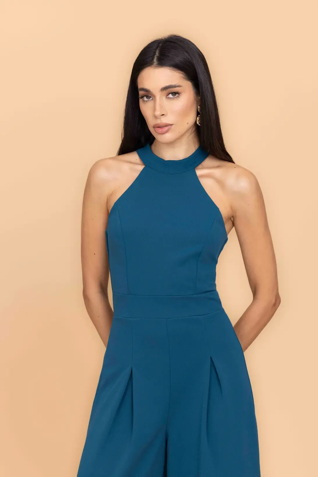 LEILA Dark Teal Blue Halter Neck Wide Leg Jumpsuit | WalG London