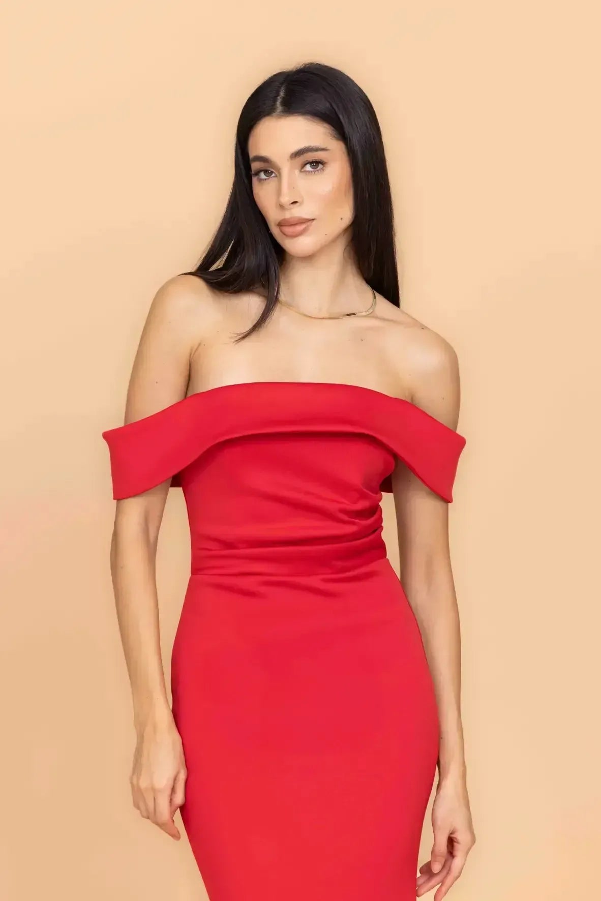 ALEX Red Off Shoulder Occasion Dress | WalG London