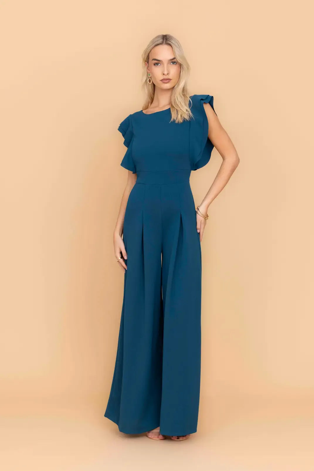 FRANCESCA Dark Teal Ruffle Sleeve Jumpsuit | WalG London
