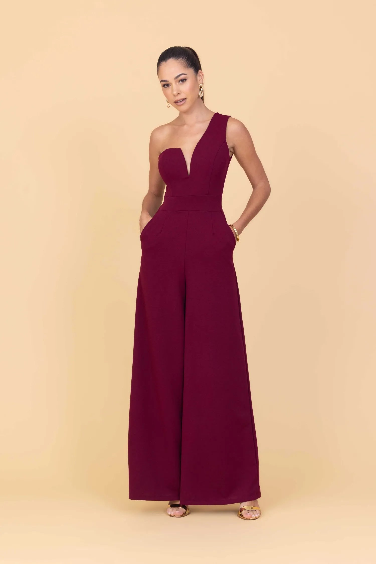 FLEUR Wine One Shoulder Jumpsuit | WalG London